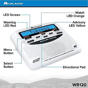 Midland - WR120, NOAA Emergency Weather Alert Radio - S.A.M.E. Localized Programming, Trilingual Display, 60+ Emergency Alerts, & Alarm Clock (WR120C - Clam Packaging)