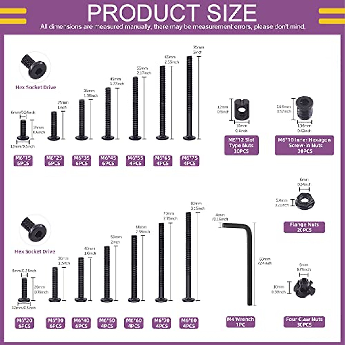 Swpeet 181Pcs M6 x 15mm - 80mm Black Zinc Flat Head Hex Socket Cap Baby Crib Bed Bolts and Threaded Insert Nuts with Flange Nuts and 4 Pronged Tee T Nuts Kit with Allen Wrench