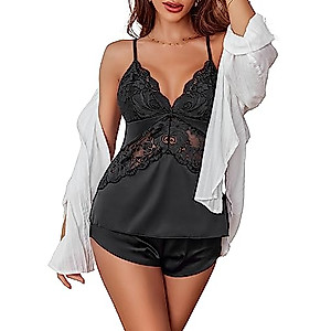 Avidlove Women Pajamas Set Soft Satin Sleepwear Sexy Lingerie 2 Piece Silk Pjs Cami top and Shorts Sleep Camisole Nightwear Black