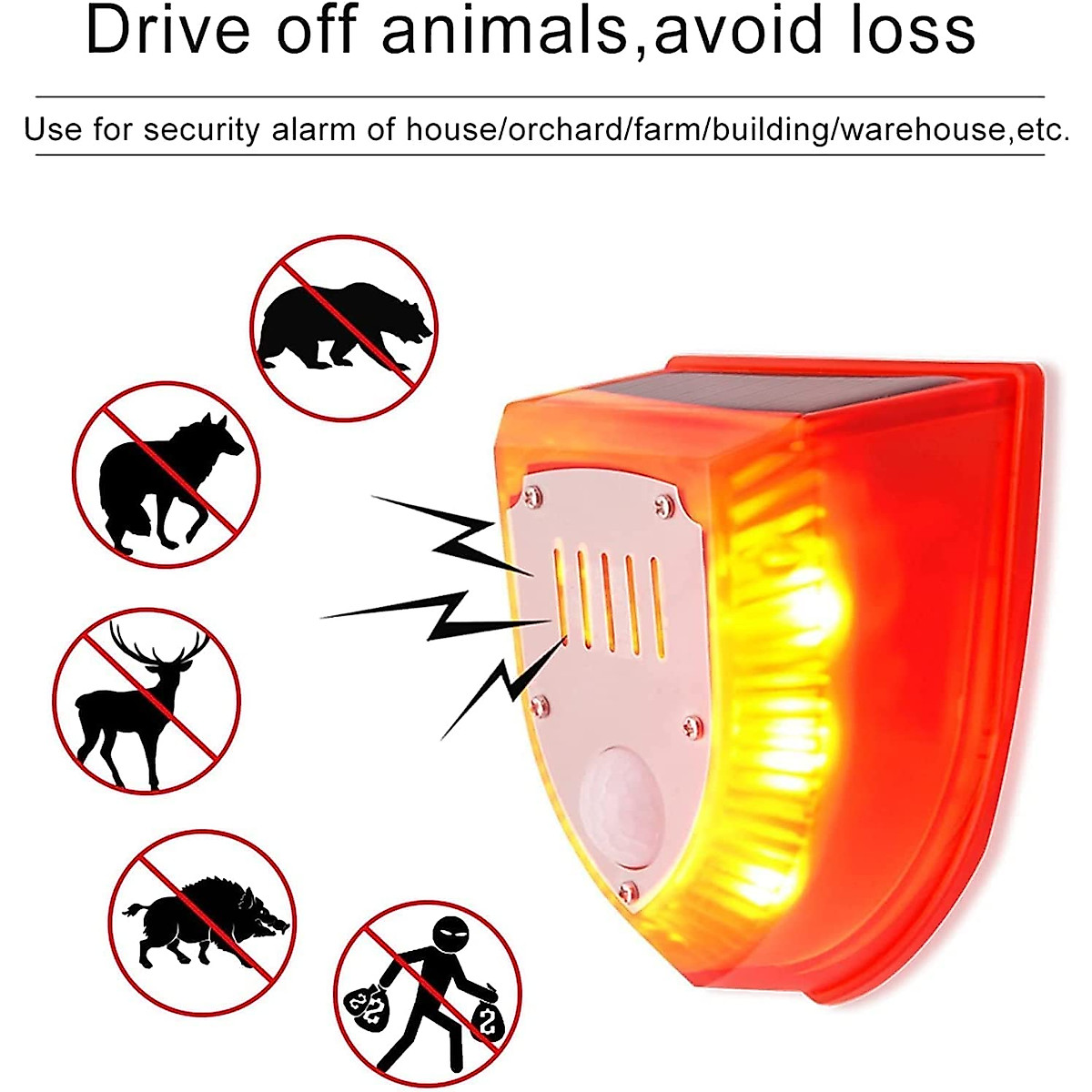 WONFAST Solar Motion Sensor Alarm Light Outdoor,Dog Barking&Gunshot Sound 129db Loud Noise Maker Strobe Light Warning Lamp for Home Villa Farm Barn Yard Chicken coop