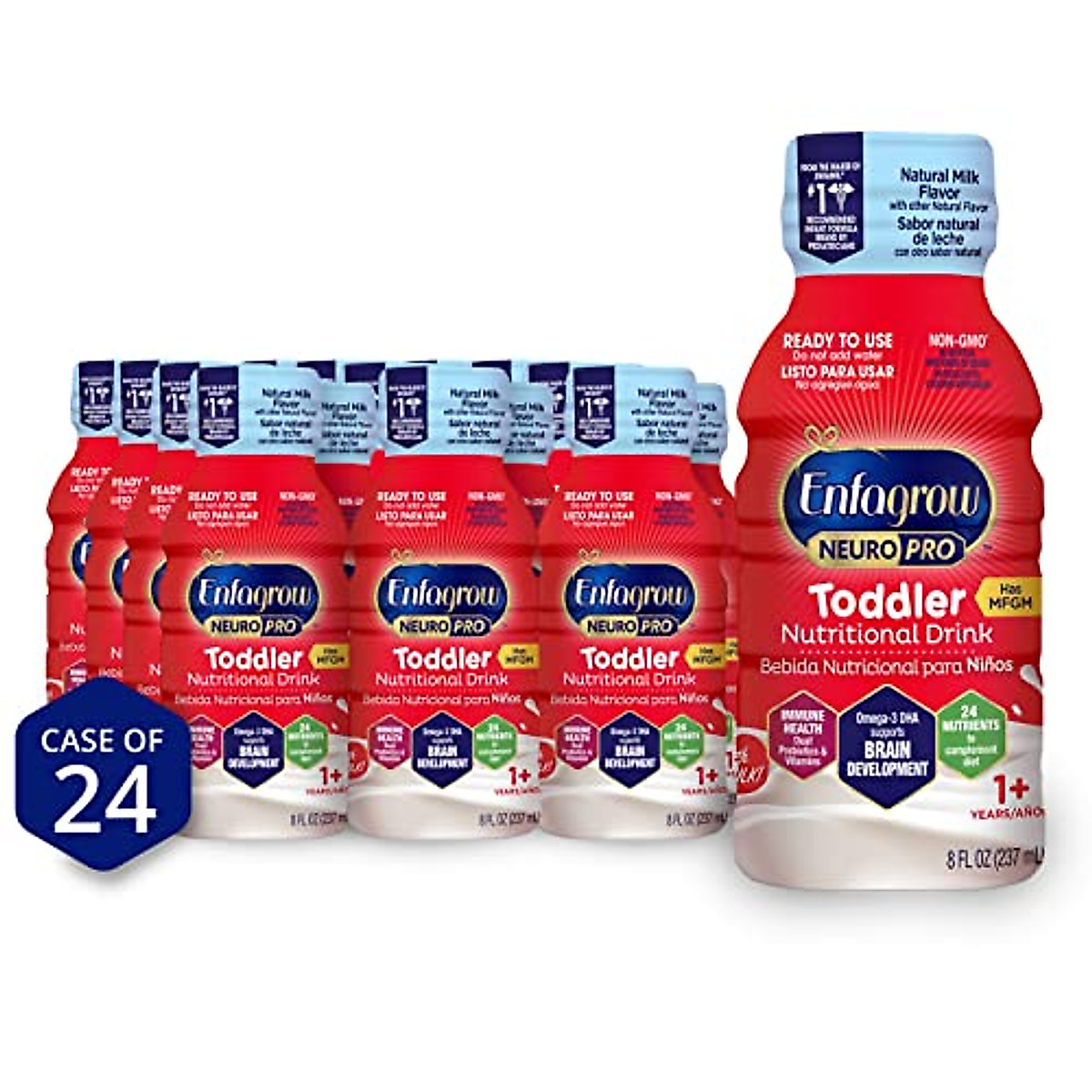 Enfagrow NeuroPro Toddler Nutritional Drink, Natural Milk Flavor, Omega-3 DHA & MGFM for Brain Support, Prebiotics & Vitamins for Immune Health, Non-GMO, Ready to Use Bottle, 8 Fl Oz (24 Bottles)