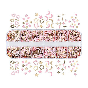 KACHIMOO KACHIMOO Nail Glitter Sequins,12 Grids Gold Pink Nail Glitter Flakes 3D Cherry Blossoms Moon Star Nail Sequin Flakes Heart Nail Charm Nail Accessories for Nail Art Decoration