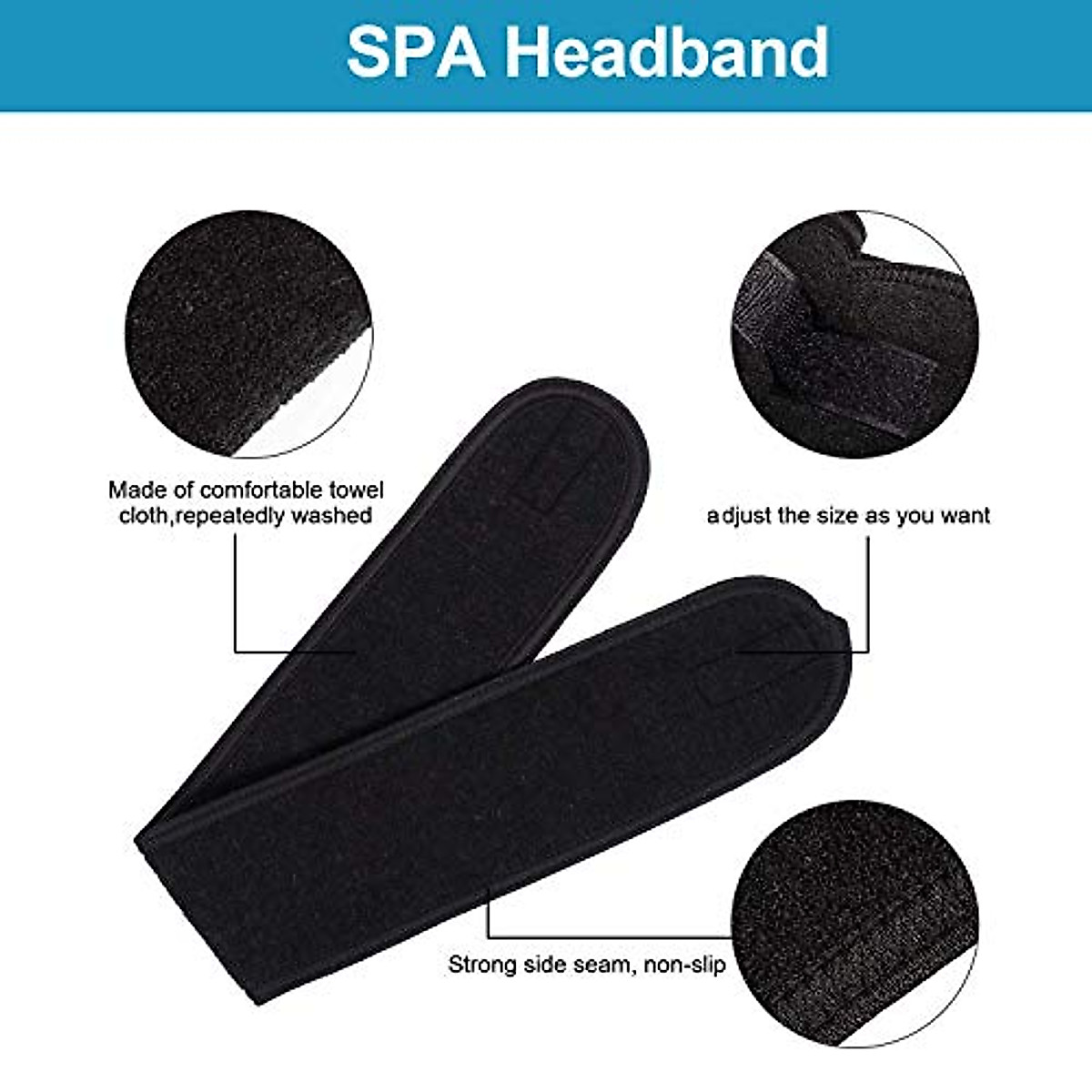 4 Counts Spa Facial Headband Whaline Head Wrap Terry Cloth Headband Stretch Towel with Magic Tape for Bath, Makeup and Sport, 3.5" Wide (Black)