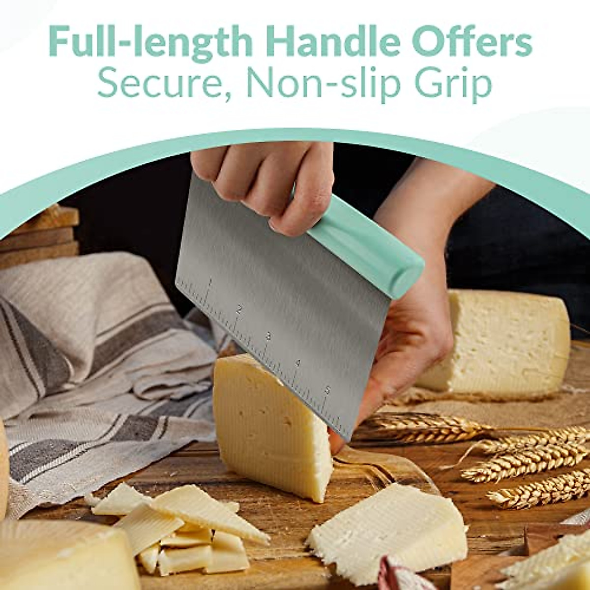 Rainspire Bench Scraper, Stainless Steel Dough Scraper, Pastry Scraper, Pizza and Dough Cutter Multi-Purpose Scraper/Chopper, Pizza Cutter Food Chopper Baking Supplies Kitchen Gadgets, Mint Green