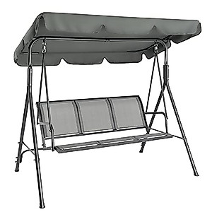 VINGLI Heavy Duty 550 LBS Upgraded 3 Person Outdoor Porch Swing with Stand, Adjustable Canopy Swing with Textilene Fabric & Steel Frame for Yard, Pool, Lawn, Indoors (Grey)
