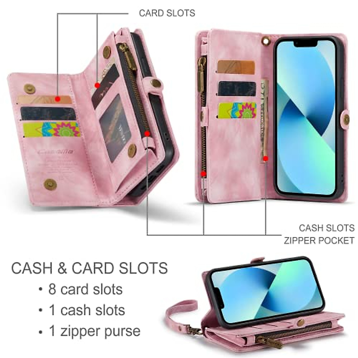 Zttopo for iPhone 13 Wallt Case, 2 in 1 iPhone 13 Case Wallet with Premium Leather Zipper Lanyard Card Holder, Durable Wristlet Flip Case Money Pocket Cover 6.1 inch