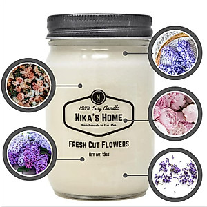 Nika's Home Fresh Cut Flowers Soy Candle 12oz Mason Jar Non-Toxic White Soy Handmade, Long Burning 50-60 Hours Highly Scented All Natural, Clean Burning Candle Gift Décor