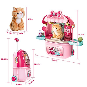 MAGIC4U Pet Cat Care Carrier Suitcase Toy, 29PCS Vet Clinic and Doctor Kit for Kids, Pet Kitty Grooming Feeding Toys, Veterinarian Pretend Play Set, Gifts for Boys and Girls Ages 3-12
