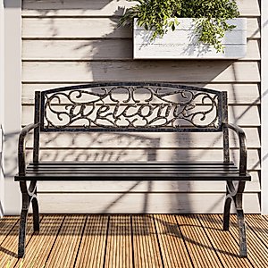 BELLEZE Outdoor Bench, 50-inch Patio Garden Bench, Cast Iron Metal Loveseat Chairs, for Park, Porch, Lawn, Balcony, Backyard, Garden Accessories, Welcome Design, Bronze