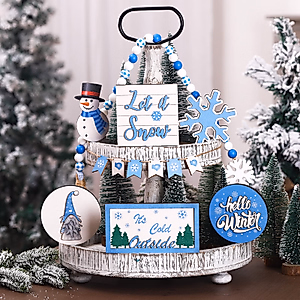 Honoson 13 Pcs Christmas Winter Tiered Tray Decor Snowman Snowflakes Gnome Winter Wooden Sign Set Christmas Tiered Tray Snowflake Sign Winter Tabletop Decor Let It Snow for Holiday Christmas Decor