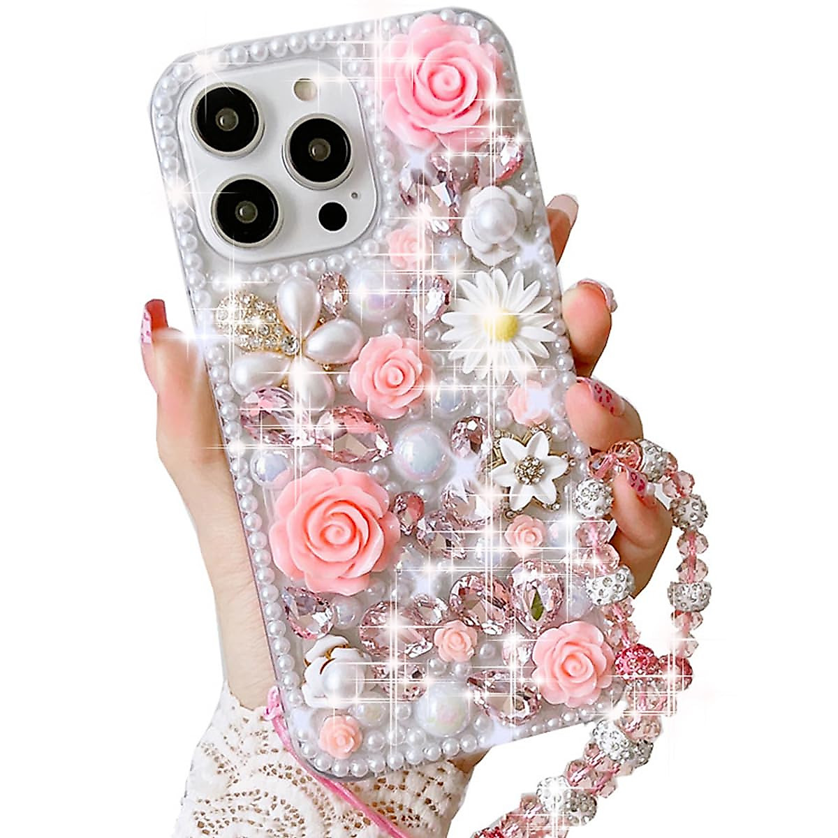 Changjia for iPhone 14 Pro Max Glitter Bling Case, Girly Cute Luxury 3D Crystal Rhinestone Flowers Diamond Pearl with Lanyard Wrist Strap Women Girls Case Cover for iPhone 14 Pro Max 6.7 inch (Pink)