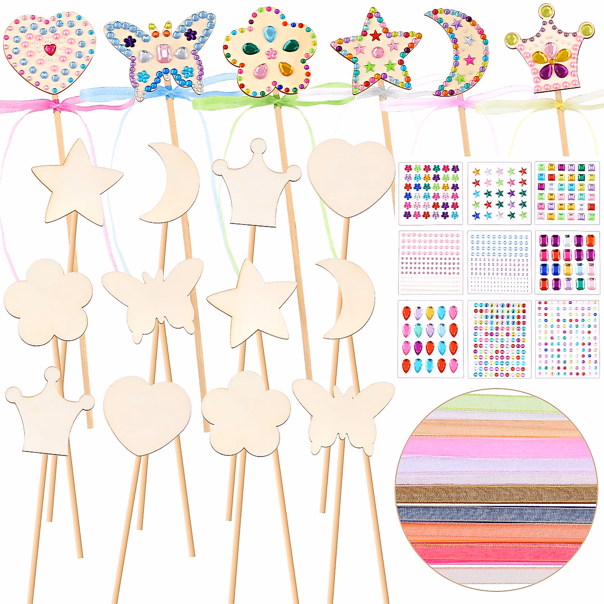 Princess Fairy Wands Kit Include Wooden Fairy Wands, Gem Stickers, Ribbons Unfinished Wooden DIY Magical Wand Crafts Moon Butterfly Magical Wand for Girls Make Your Own Princess Wand(18 Sets)