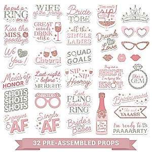 Fully Assembled Bachelorette Photo Booth Props - Set of 32 - Rose Gold, Pink, & Silver Signs, Wedding Bridal Shower Bachelorette Party Supplies & Decorations With Real Glitter - Did we mention no DIY?
