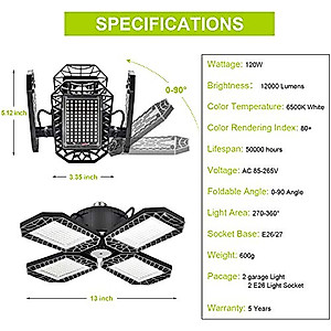 Mefflypee 2 Pack LED Garage Lights, 120W Deformable LED Garage Ceiling Lights with 4 Adjustable Panels, 12000LM E26 LED Shop Lights for Garage, Basement, Barn, High Bay Light (2 Pack)
