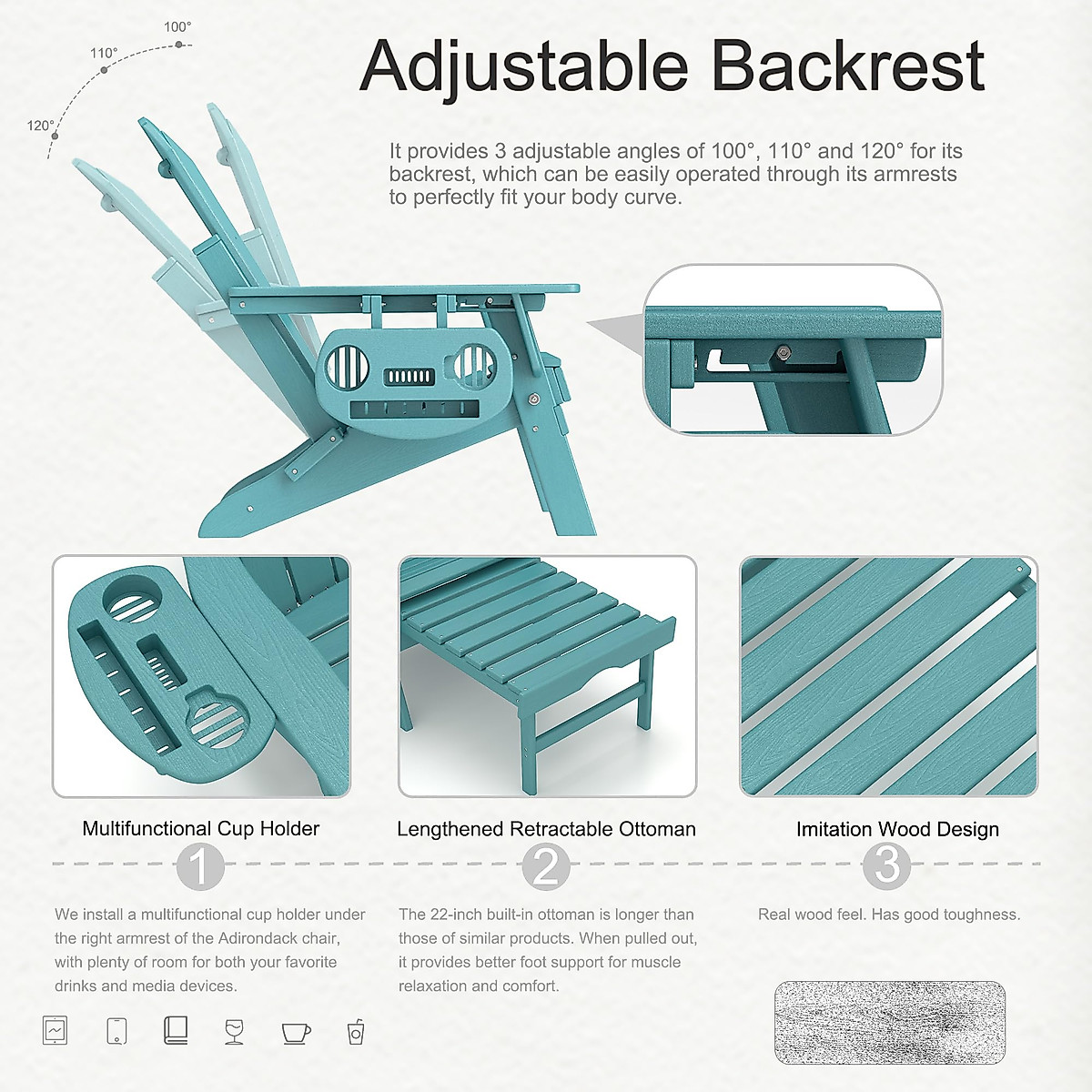 NAVINE Adjustable Adirondack Chair with Retractable Ottoman Set of 2, HDPE Folding Adirondack Chair with Cup Holder, All Weather Fire Pit Chair for Outdoor.
