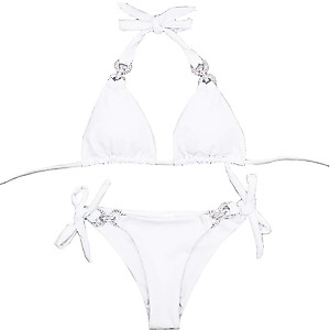 YAUASOPA Women 2PCS Shiny Diamond Bikini Set Tankini Sexy Bra Swimsuit Praty Bathing Suit (US 2-4(S), White)