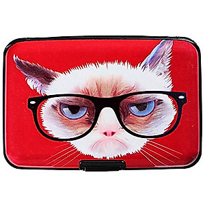 GULILASA Credit Card Holder Aluminum Wallet RFID Blocking Metal Slim Hard Case (Cat and Glasses)