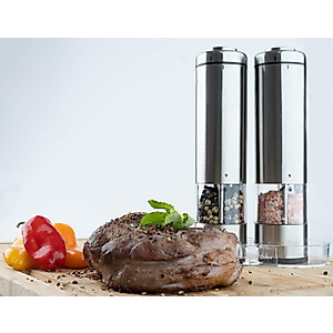 Electric Salt and Pepper Grinder Set by Intense Kitchen - Battery Operated Stainless Steel with Light & Clear Container Mills (2)- Adjustable Ceramic Coarseness - Fast Powerful Mill - One Hand Shakers