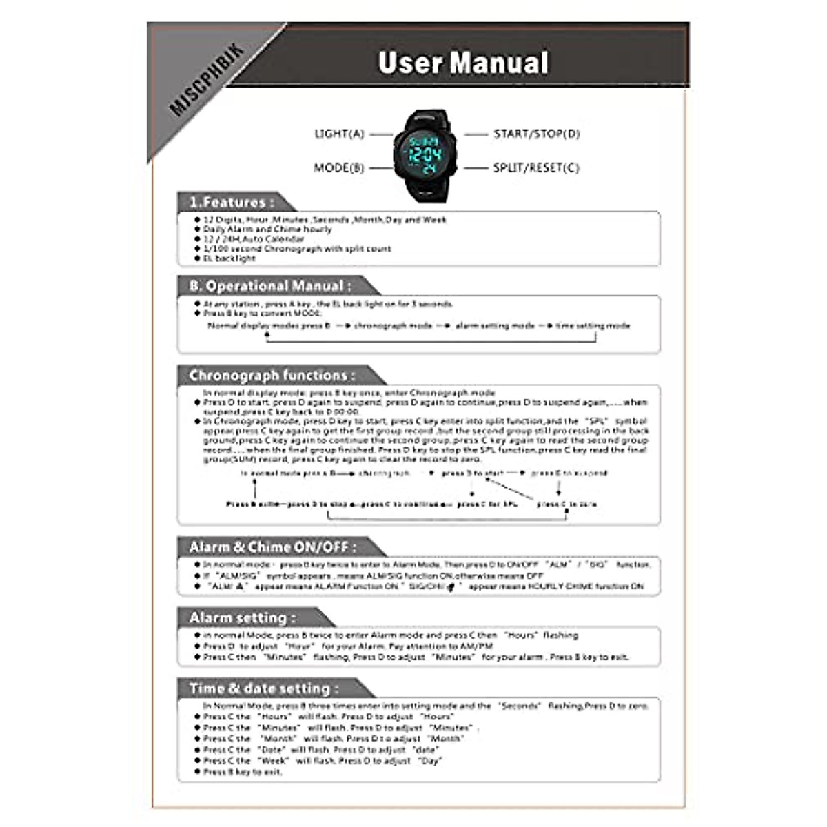 MJSCPHBJK Mens Digital Watch, Sports Military Watches Waterproof Outdoor Chronograph Watch for Men with LED Back Ligh/Alarm/Date