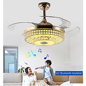 RuiWing 42" Luxury Crystal Fandelier Bluetooth Ceiling Fan with Light and Speaker, Modern Ceiling Fan Chandelier with Remote Control Retractable Invisible Music Player for Living Room