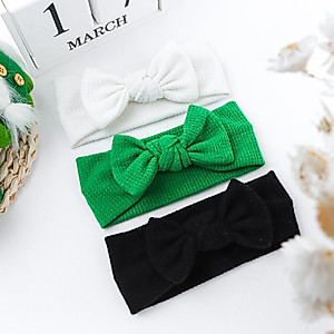 Lanmerry St. Patrick's Day Baby Headbands with Bows Green Baby Bow Waffle Elastics Baby Hair Bows Hair Accessories Newborn Infant Toddler Hairbands Headwrap Kids 3 Packs Black White Green