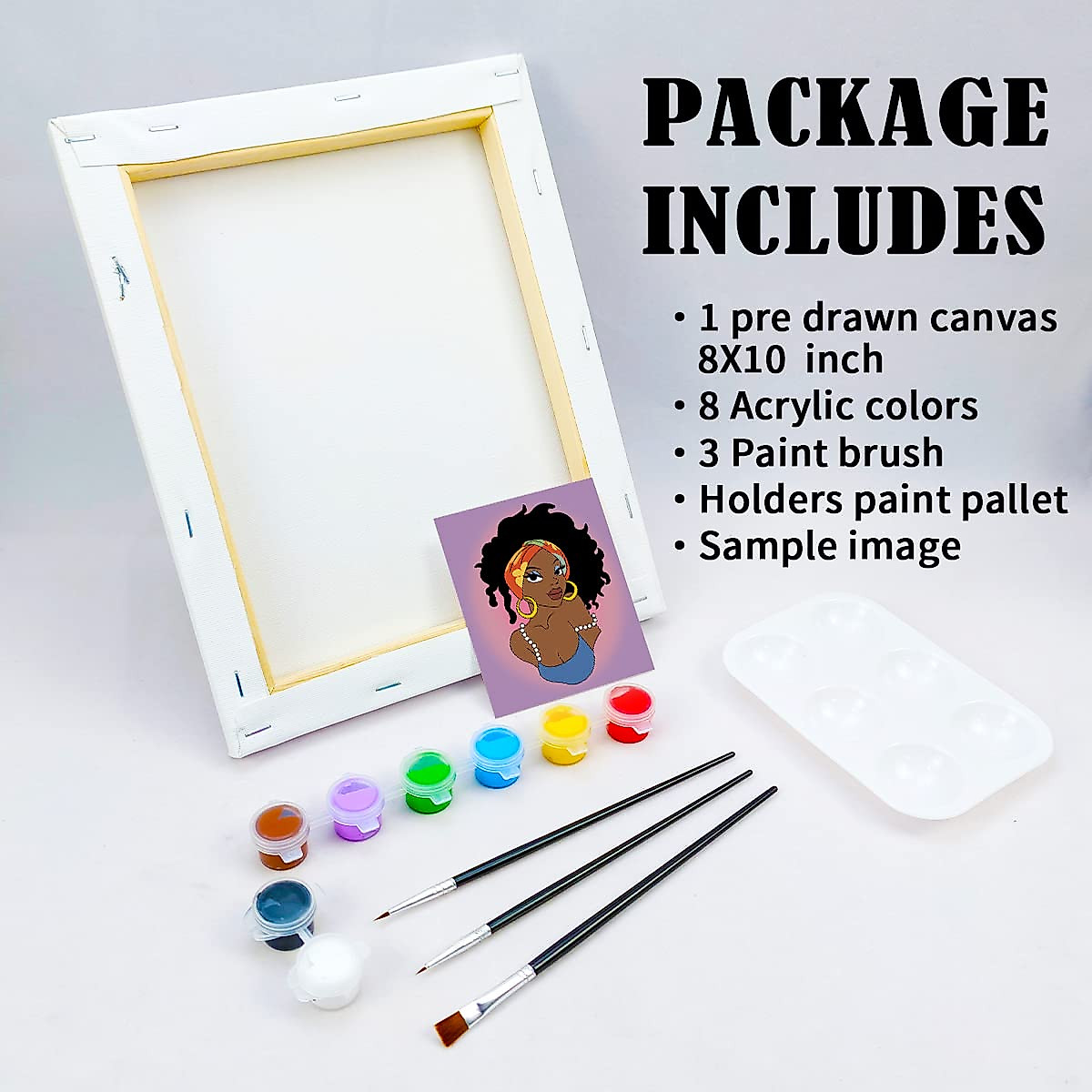 VOCHIC Canvas Painting Kit Pre Drawn Canvas for Painting for Adults Party Kits Paint and Sip Party Supplies 8x10 Canvas to Paint Afro Queen 8 Acrylic Colors,3 Brush,1 Pallet Paint Art Set