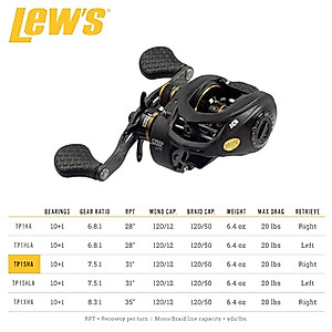 Lew's TP1SHA Tournament Pro LFS Speed Spool Bait Cast Reel, 7.5:1 120/12, RH, ACB, 120/12 - 31" Black