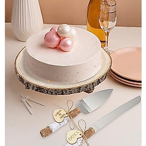 POMINEL Wood Cake Stand with Cake Cutting Set Wooden Cake Stands Rustic Wedding Cake Stand Wood Slice Cake Stand for Dessert Table, Plant Display for Family Gartering, Wedding Receptions