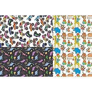 U'COVER Birthday Gift Wrapping Paper for Boys Kids Girls Baby Shower Wrapping Paper Roll 3 Styles Cartoon Dinosaur Monster Car for Holiday Anniversary