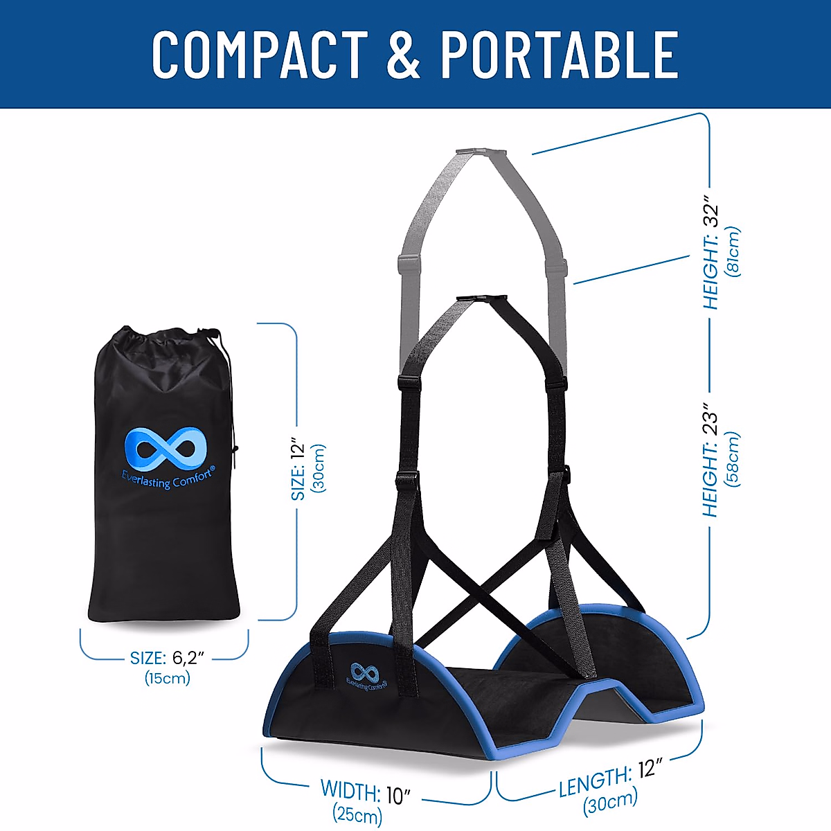 Everlasting Comfort Airplane Footrest - Ergonomic Adjustable Foot and Heel Hammock - Memory Foam Portable Air Plane Flying Travel Foot Rest - Long Airplane Flight Accessories for Feet (Black)