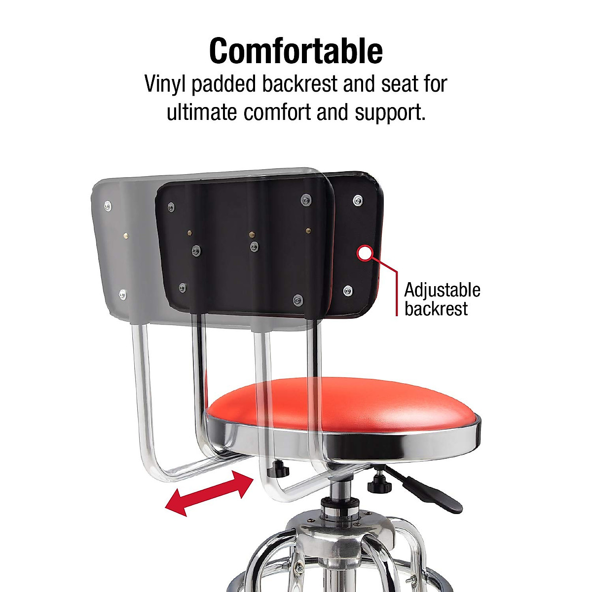 SUNEX TOOLS 8516 Hydraulic Shop Stool, High-Polished Chrome Finish, Hydraulic Seat Adjustment, Vinyl Padded Adjustable Seat and Backrest, Slip Resistant Feet, 250-Pound Capacity, Silver