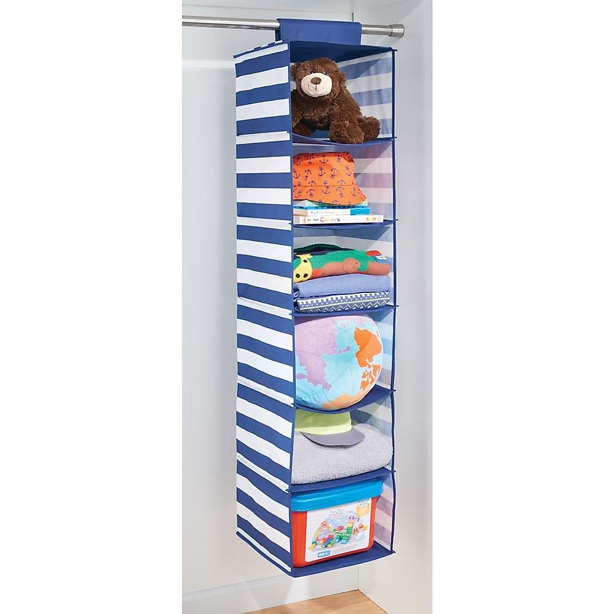 iDesign InterDesign ID jr Fabric Hanging Closet Storage Children's Clothing, Blankets, Toys, Bedding, Shoes, Accessories-6 Shelves, Navy/White IDjr Rugby 6 Shelf Sweater Organizer