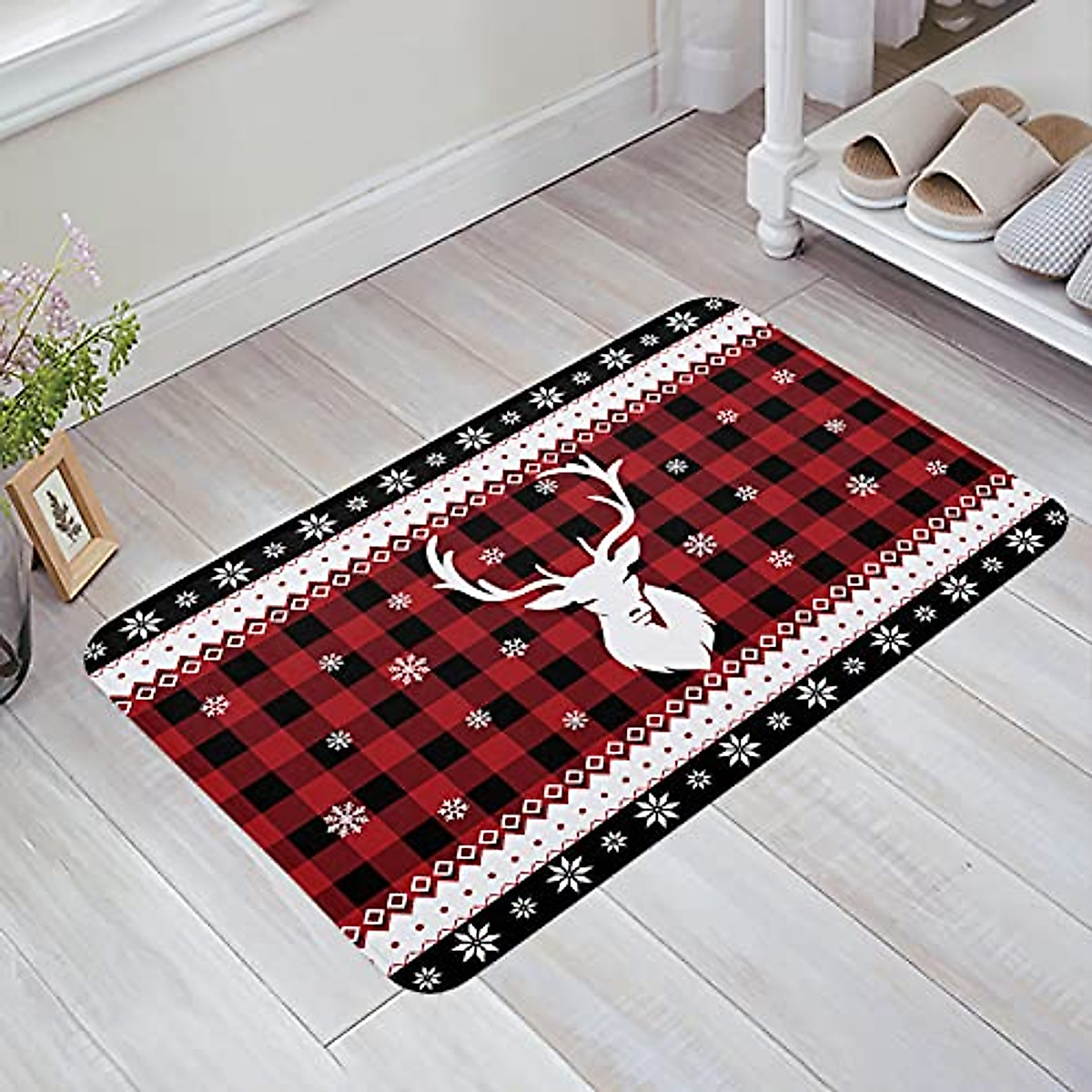 Christmas Bath Rugs Elk Deer Reindeer Snowflake Sponge Doormat Absorbent Non Slip Durable Soft Flannel Mat Red Buffalo Plaid Check Christmas Memory Foam Mats for Bathroom Kitchen 20 x 32 inches