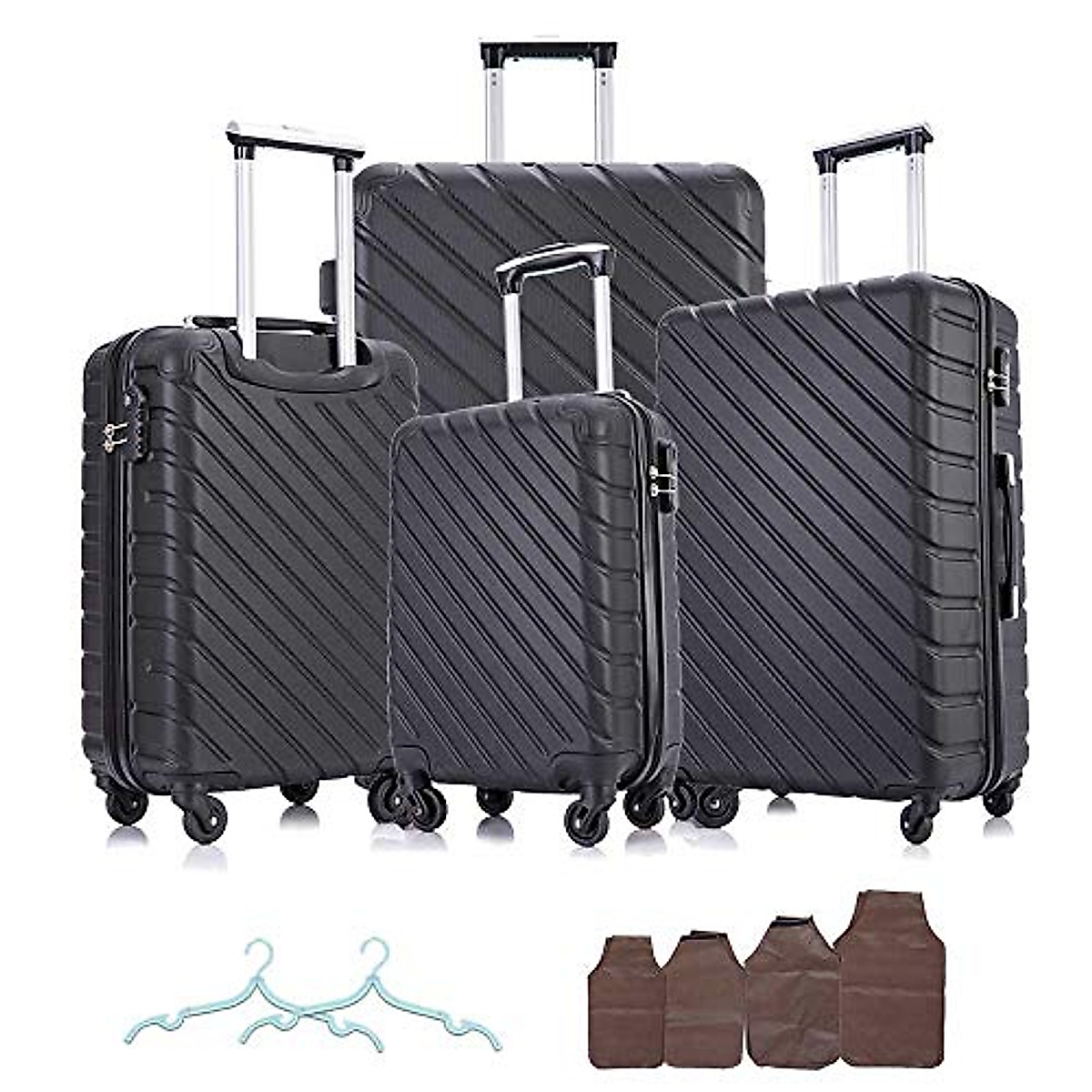 Apelila 4 Piece Hardshell Luggage Sets, Black Travel Suitcase, Check in & Carry On Luggages with Spinner Wheels Free Cover& Hangers Inside 18" 20" 24" 28"