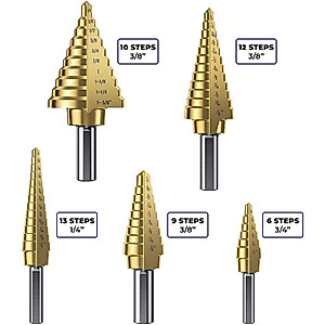 Step Drill Bit Set & Automatic Center Punch 5pcs HSS Cobalt Titanium Step Drill Bit Set, Multiple Hole 50 Sizes High Speed Step Drill Bit Set with Aluminum Case
