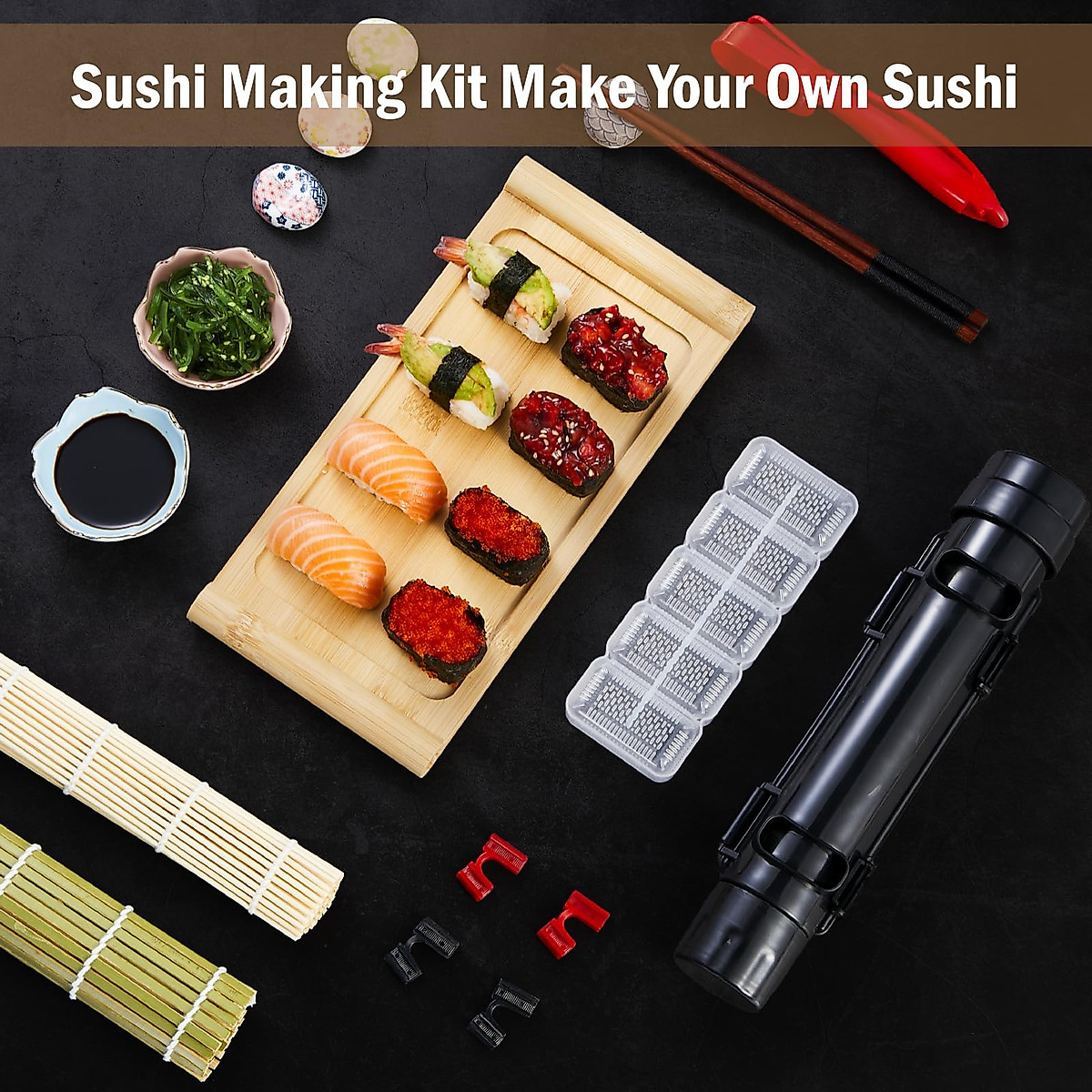 YDGFUHM Deluxe Sushi Making Kit 25-in-1 Bazooka Roller Set, Bamboo Mat,Knife,Sauce Tray,Japanese Sashimi Sushi Bamboo Serving Geta Plate,and More - Perfect for Beginners