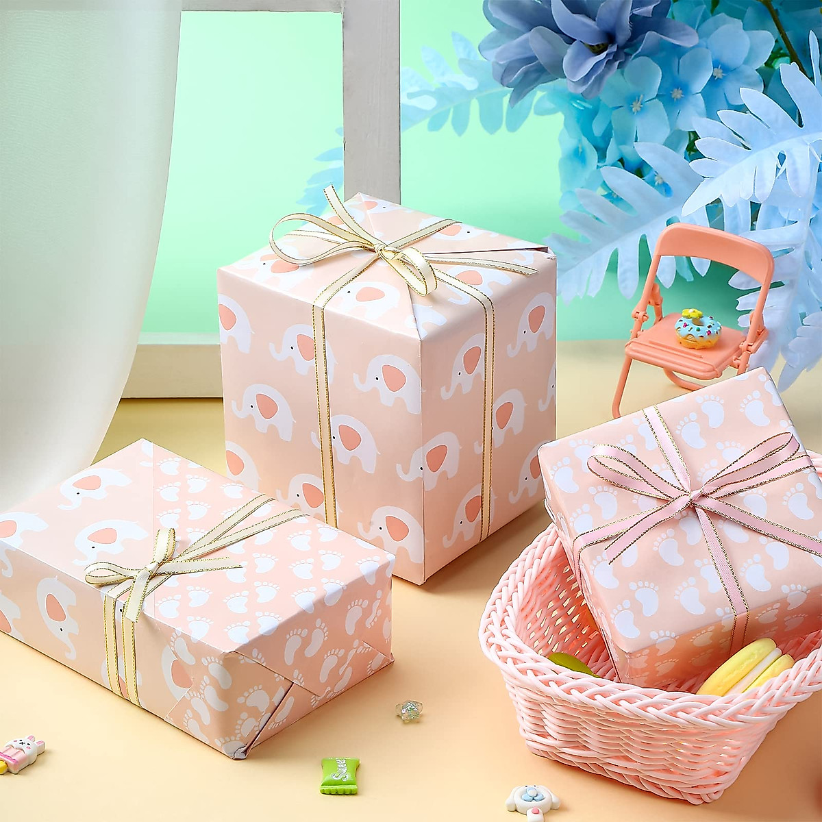 LeZakaa Reversible Pink Baby Shower Wrapping Paper Roll, Elephant & Footprint in Pink for Baby Shower, Baby Girl's 1st Birthday, Newborn Party, Mini Roll, 17 inches x 32.8 Feet