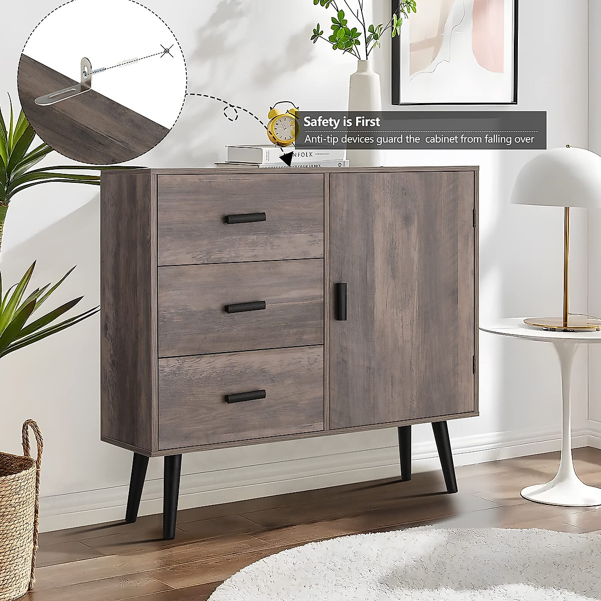 Iwell Storage Cabinet with 3 Drawers and Adjustable Shelf, Sideborad Buffet Cabinet with Door, Accent Cabinet for Living Room, Entryway, Hallway, Rustic Oak