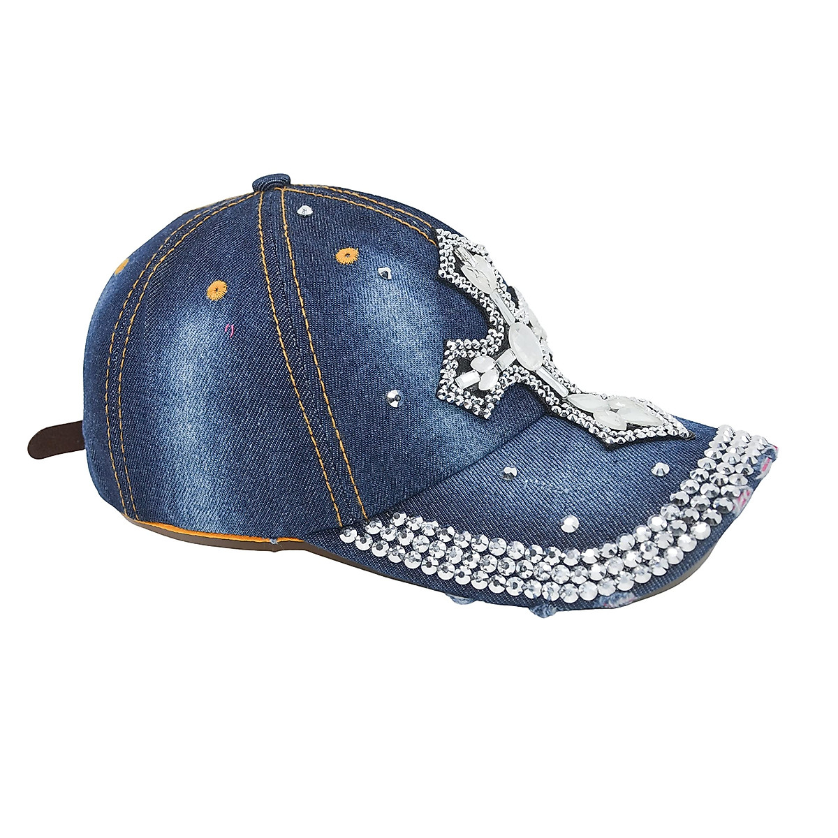 Popfizzy Cross Hat, Rhinestone Hats for Women, Bling Bling Bedazzled Baseball Caps, Distressed Denim Hat, Bejeweled Hats
