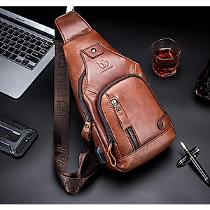 BULLCAPTAIN Men Crossbody Bag with USB Charging Port Genuine Leather Shoulder Sling Chest Bag Travel Hiking Backpack (Brown)