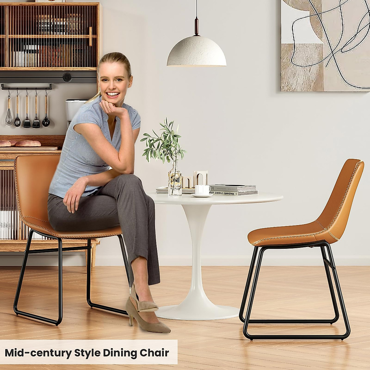 Soohow Set of 2, Kitchen Room Mid Century Midcentury Modern Faux Leather Comfortable, Home, Bistro Coffee Shop, 18" Dining Chairs 2 PCS, Whiskey Brown