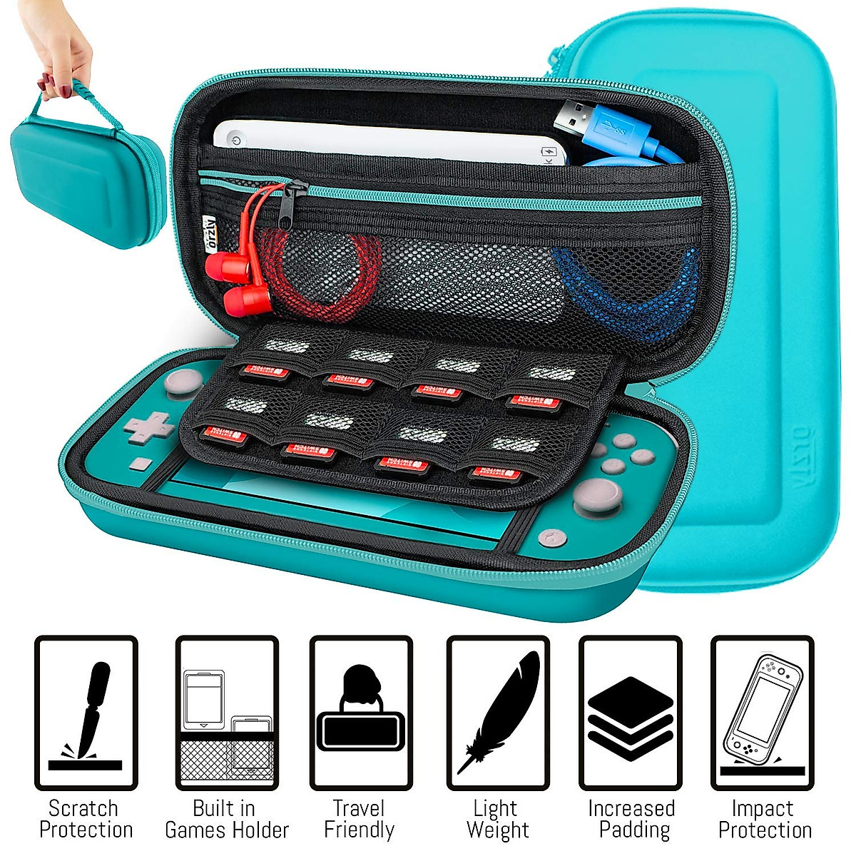 Orzly Switch Lite Accessories Bundle - Case & Screen Protector for Nintendo Switch Lite Console, USB Cable, Games Holder, Grip Case, Headphones, Thumb-Grip Pack & More (Gift Pack - Turquoise Blue)