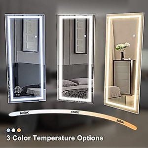 QiMH Vertical 47x22 Inch Wall Mounted LED Lighted Vanity Mirror with Aluminum Frame Backlit, 3 Colors Dimmable Light, Bedroom and Bathroom Hanging Rectangle Whole Body Mirror