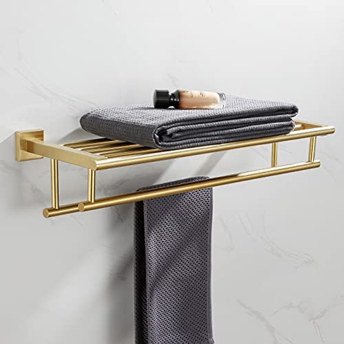 VELIMAX Bathroom Towel Rack, Bathroom Shelf with Towel Bar, Gold Towel Rack Wall Mounted, 18/8 Stainless Steel, Contemporary, Heavy Duty and Rustproof, 23.6-Inch