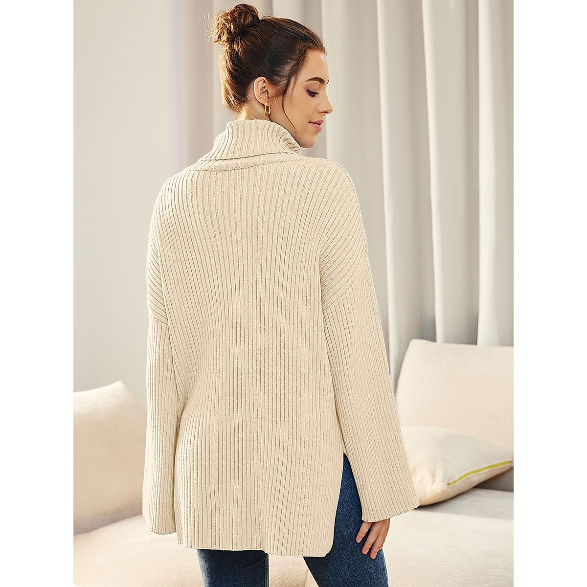 LILLUSORY Womens 2023 Fall Turtleneck Oversized Pullover Chunky Sweaters Cream Fuzzy Long Sleeves High Neck Ribbed Knit Sweater