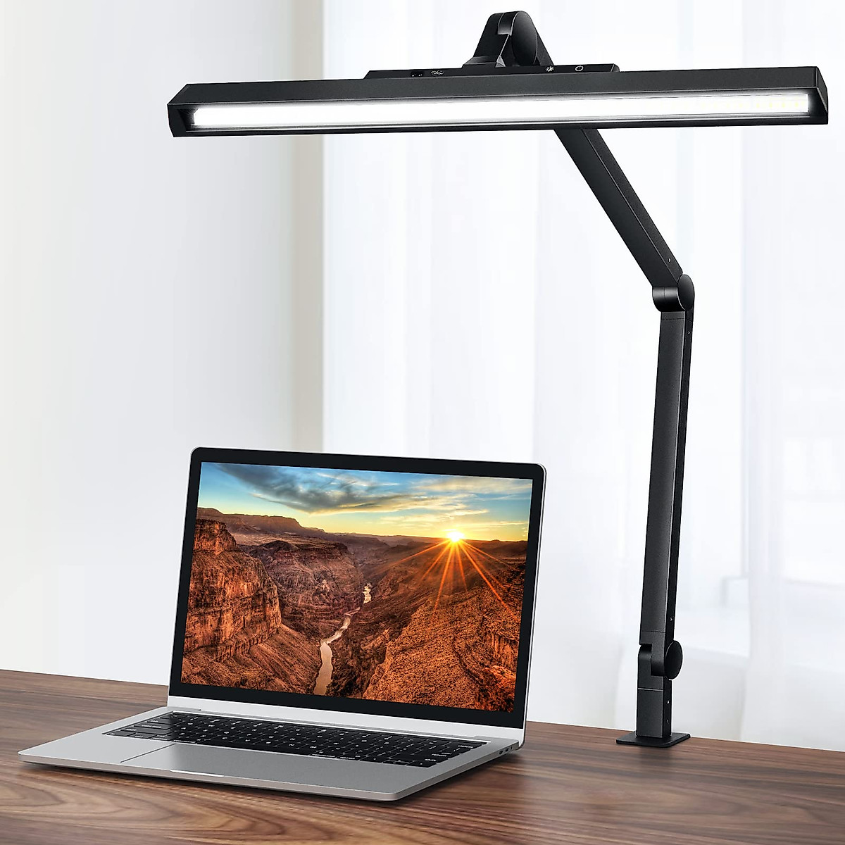 MediAcous LED Desk Lamp, Metal Polarized Architect Clip Light with Gesture Sensing Switch, Eye-Caring Dimmable Swing Arm Desk Lamp with Clamp for Home Office, 4 Color Modes & Brightness Levels
