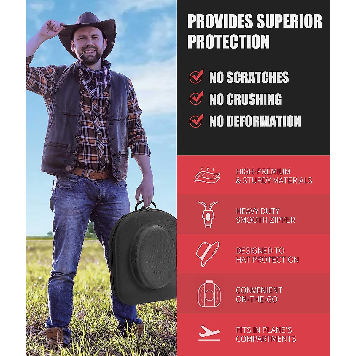 Livelab Hat Box for Travel - Crush Proof Cowboy Hat Holder Storage, Hard Travel Hat Carrier Case for Cowboy, Panama & Tweed Hats - Carrying Handle, Luggage Straps & Shoulder - Large