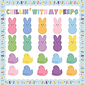 119Pcs Easter Chick Bunny Bulletin Board Decoration Cutouts Set Contain Chick, Bunny, Candy Bunny Chick Border with Characters About Easter Character Happy Easter and Classroom Decoration