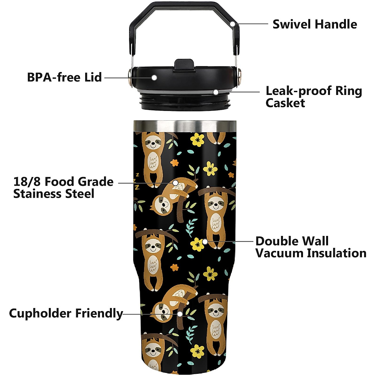 ysnifeiw 30oz Sloth Tumbler with Handle and Straw, Stainless Steel Insulated Sloth Cup with Top Handle and Lid, Sloth Coofee Mug Gifts for Women Men