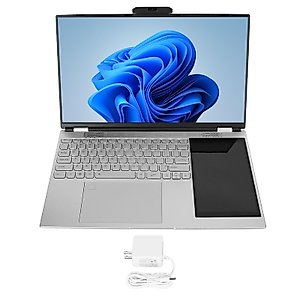 Pomya 15.6in Double Screen Laptop for Win 11, FHD IPS Screen Notebook with Intel N5015 2.0GHz Processor, 16GB RAM, Backlight Keyboard, Touch Function, Fingerprint Recognition